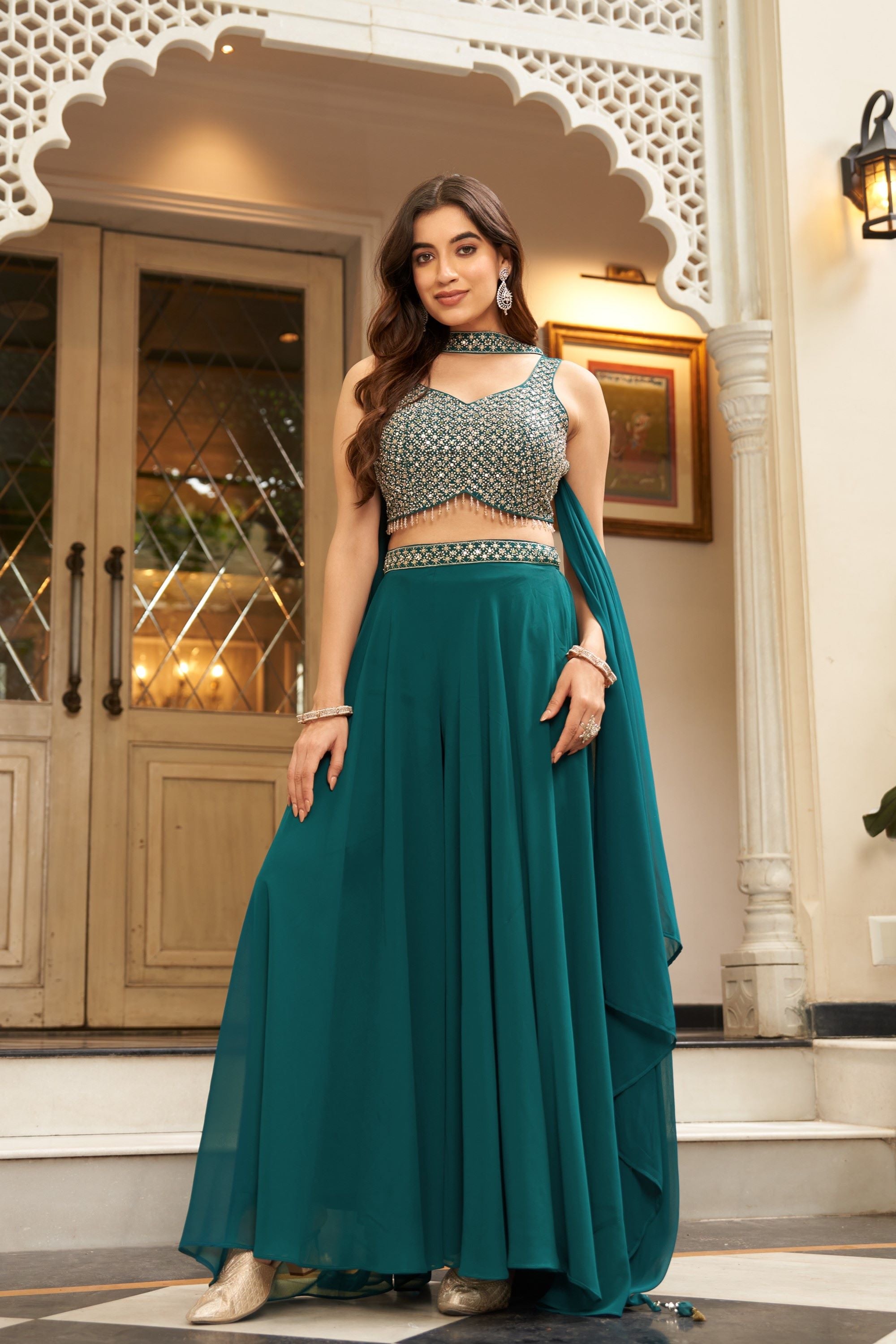 Teal Mirror Gleam Palazzo Set
