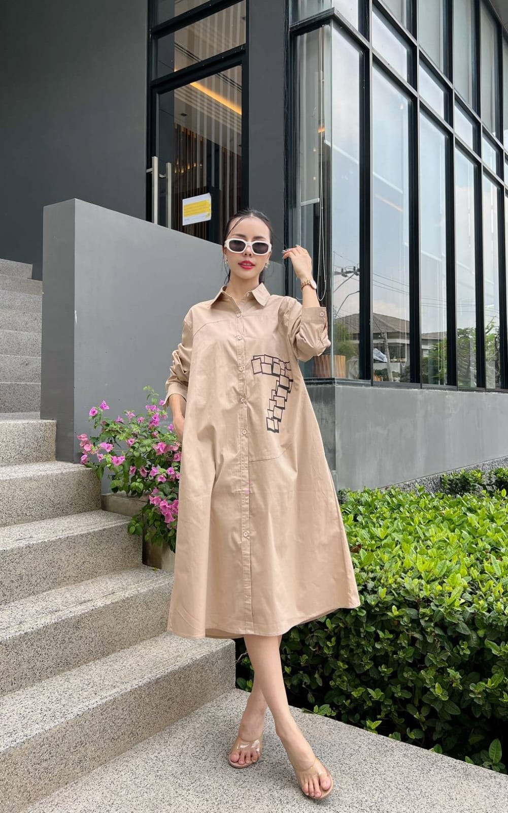 Earthy Notes Urban Gridfall Print Tunic Dress