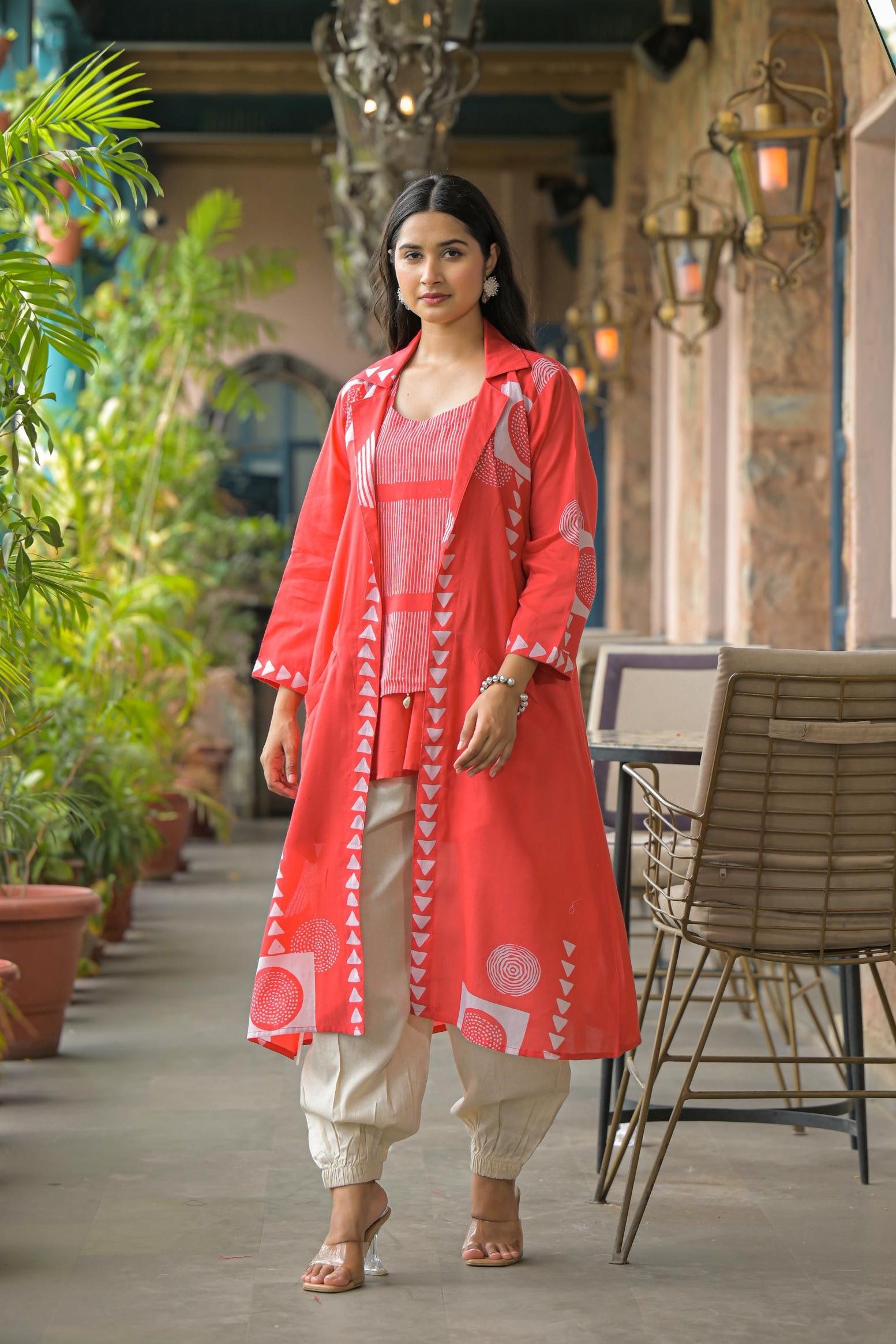 Red Printed Cotton Shrug Set