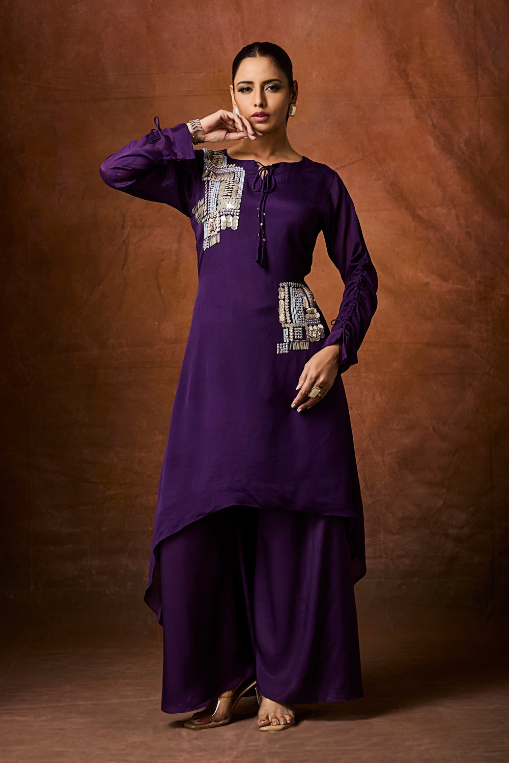 Dark Purple Embellished Chinon Silk Palazzo Set