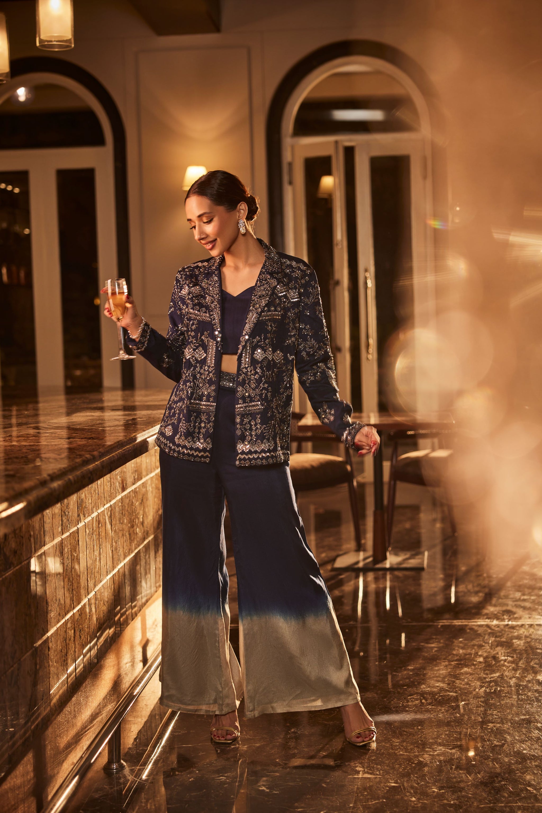 Blue Embellished Raw Silk Jacket Palazzo Set